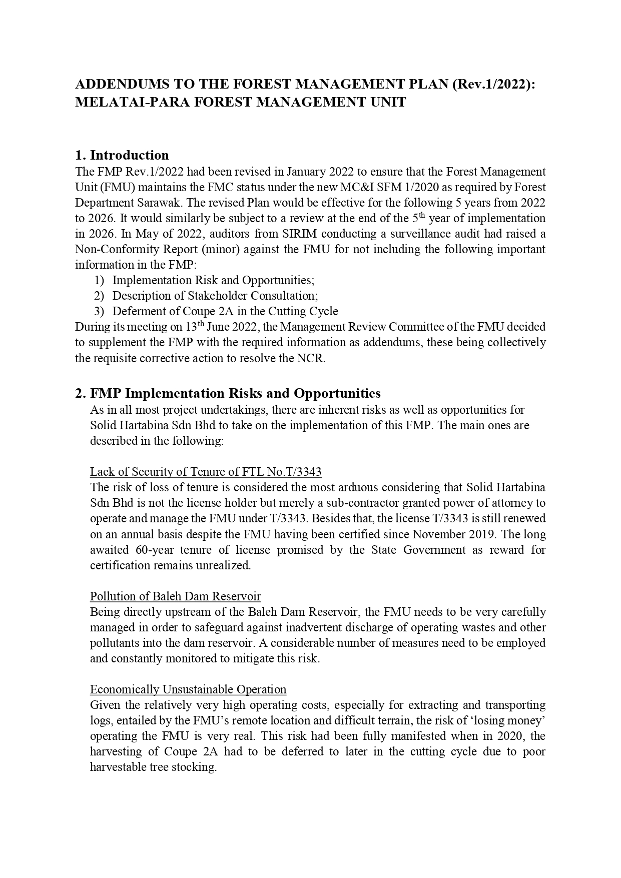 Forest Management Plan - Solid Hartabina Sdn Bhd